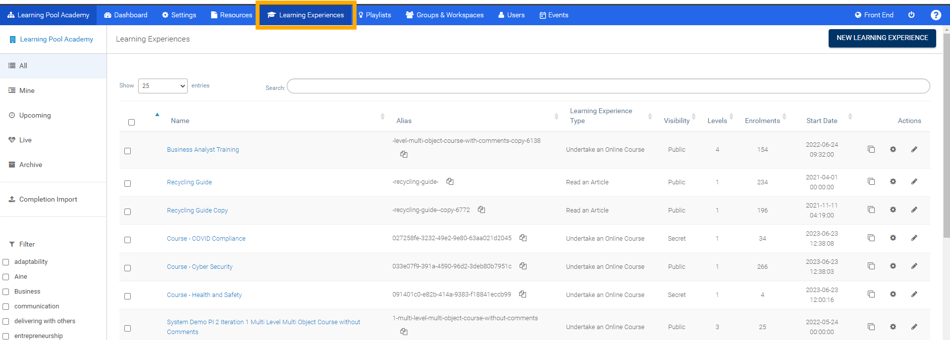 The learning experience menu – Learning Pool Help Centre