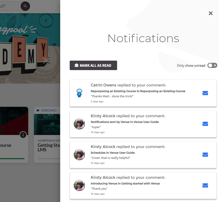 The in-platform notifications centre – Learning Pool Help Centre